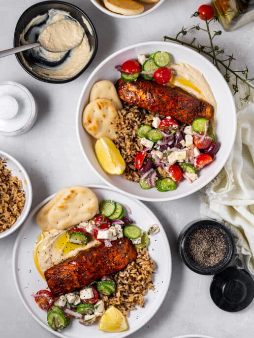 Mediterranean Salmon Bowl with Hummus and Quick Greek Salad